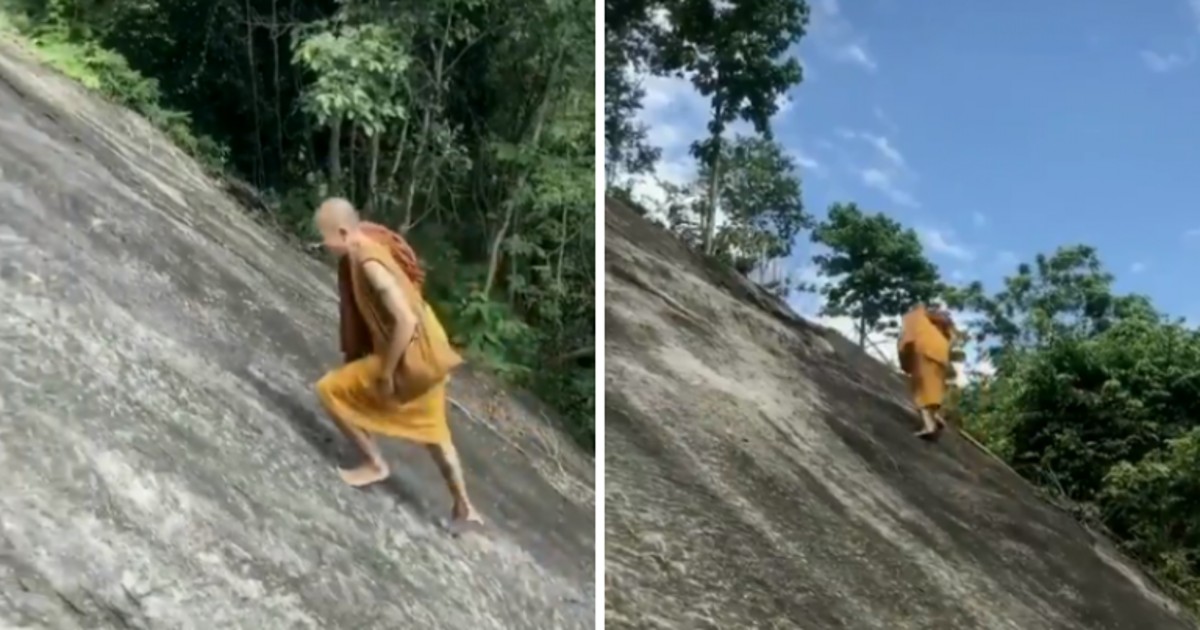 Mindset Is Everything: Monk Climbs A Steep Hill With No Ropes Or Shoes